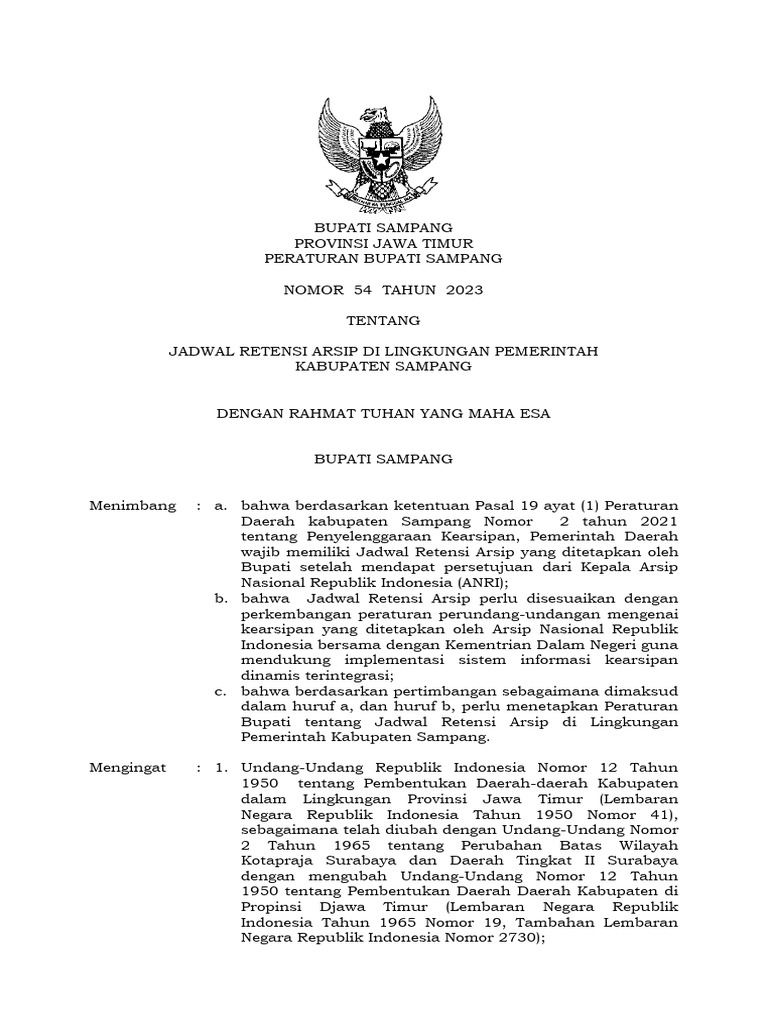 Perbup No 54 Tahun 2023 Tentang Jadwal Retensi Ars | PDF
