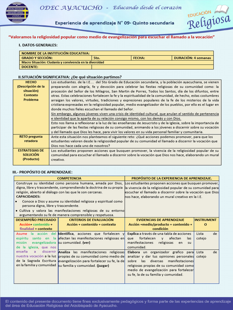 9na Experiencia de Aprendizaje #9. 5to. Grado | PDF | Aprendizaje | Fe