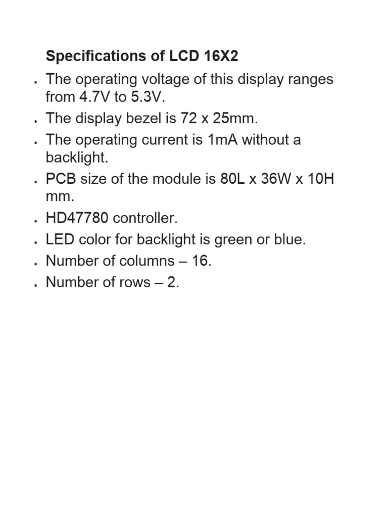 Specifications of LCD 16X2 | PDF | Computers