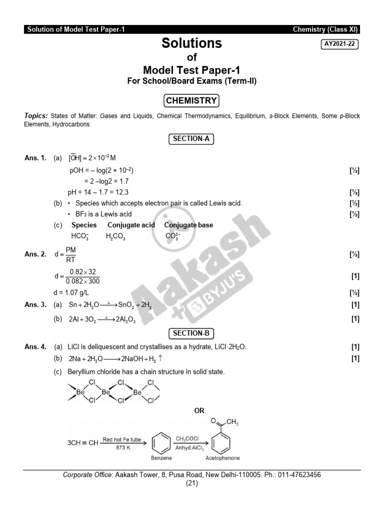 Aakash Model Test Papers Solutions XI T2 Chemistry | PDF | Solubility ...