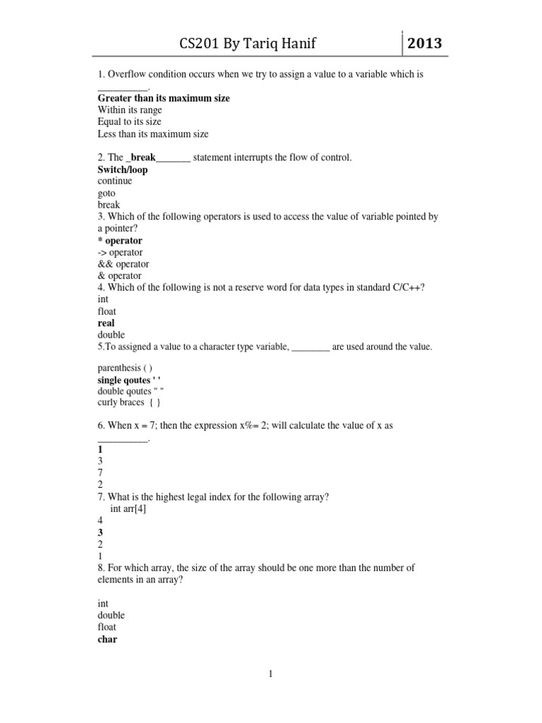 cs201 Midterm by Tariq | Download Free PDF | Pointer (Computer Programming) | Data Type