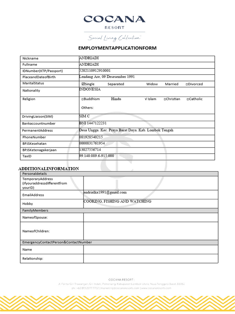 Employment Application Cocana Edited | PDF | Religious Faiths | Asia