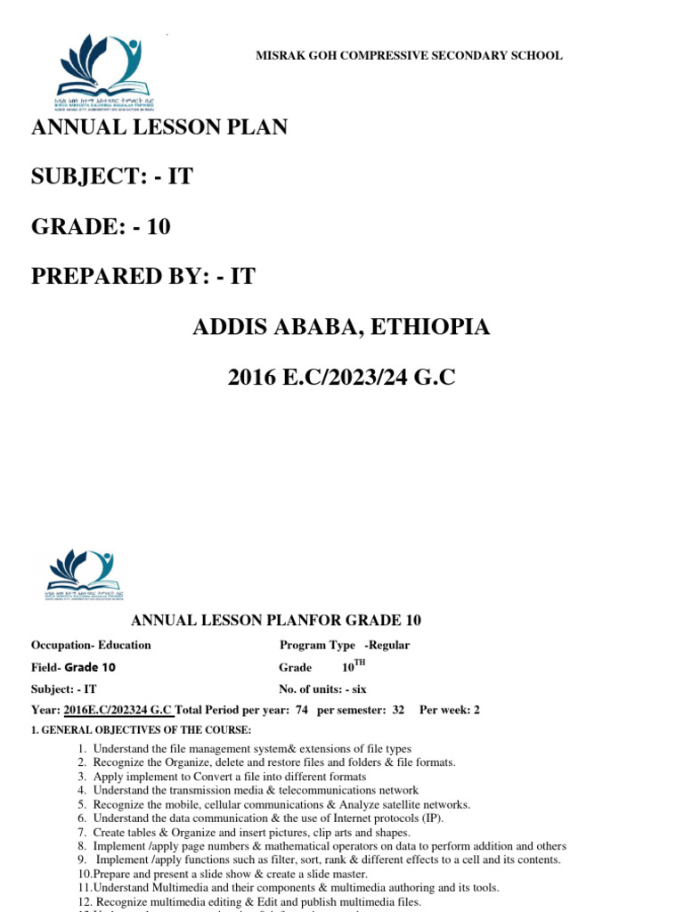 Annual Lesson Plan G-10 2016 E | PDF | Computer File | Computer Network