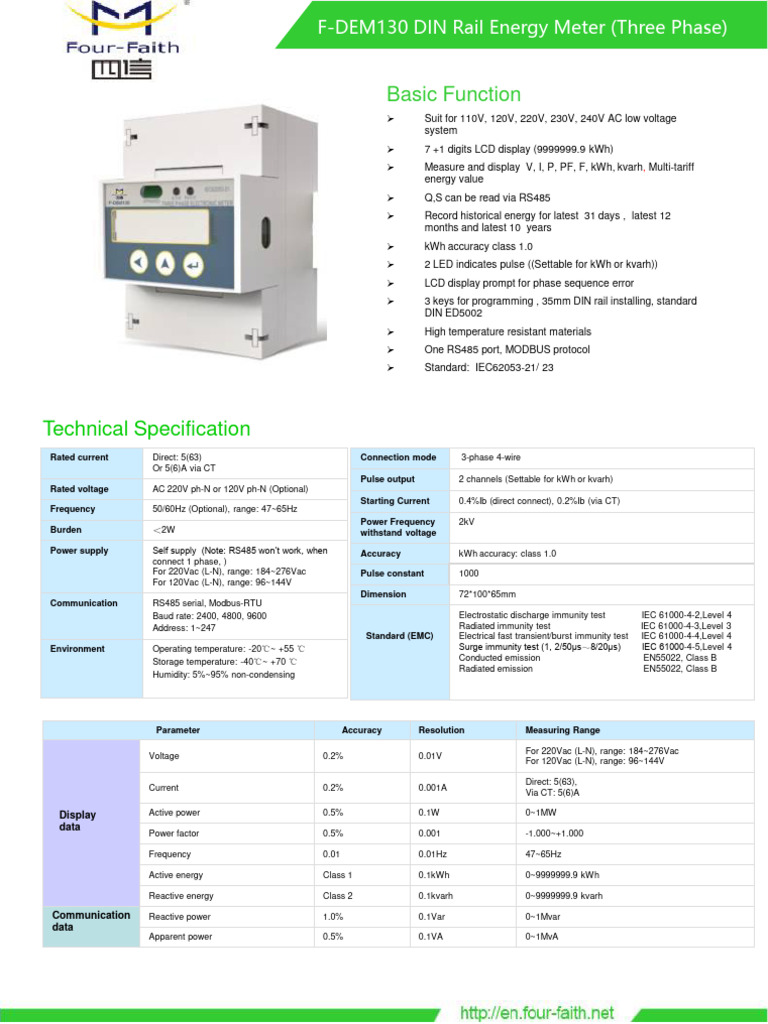 Four-Faith F-DEM130 DIN Rail Energy Meter (Three Phase) Datasheet V1.0 ...