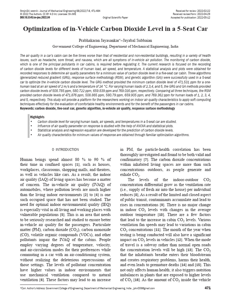 Optimization of In-Vehicle Carbon Dioxide Level in A 5-Seat Car | PDF | Errors And Residuals ...