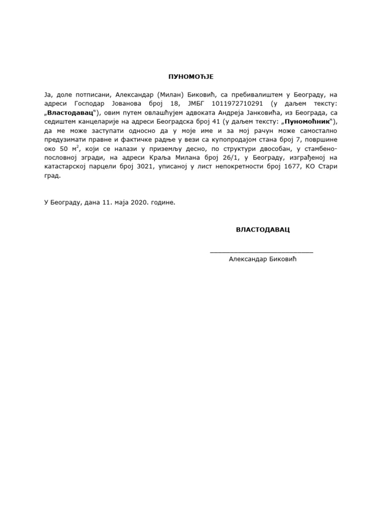 Punomocje Aleksandar Bikovic 15maj2020 | PDF