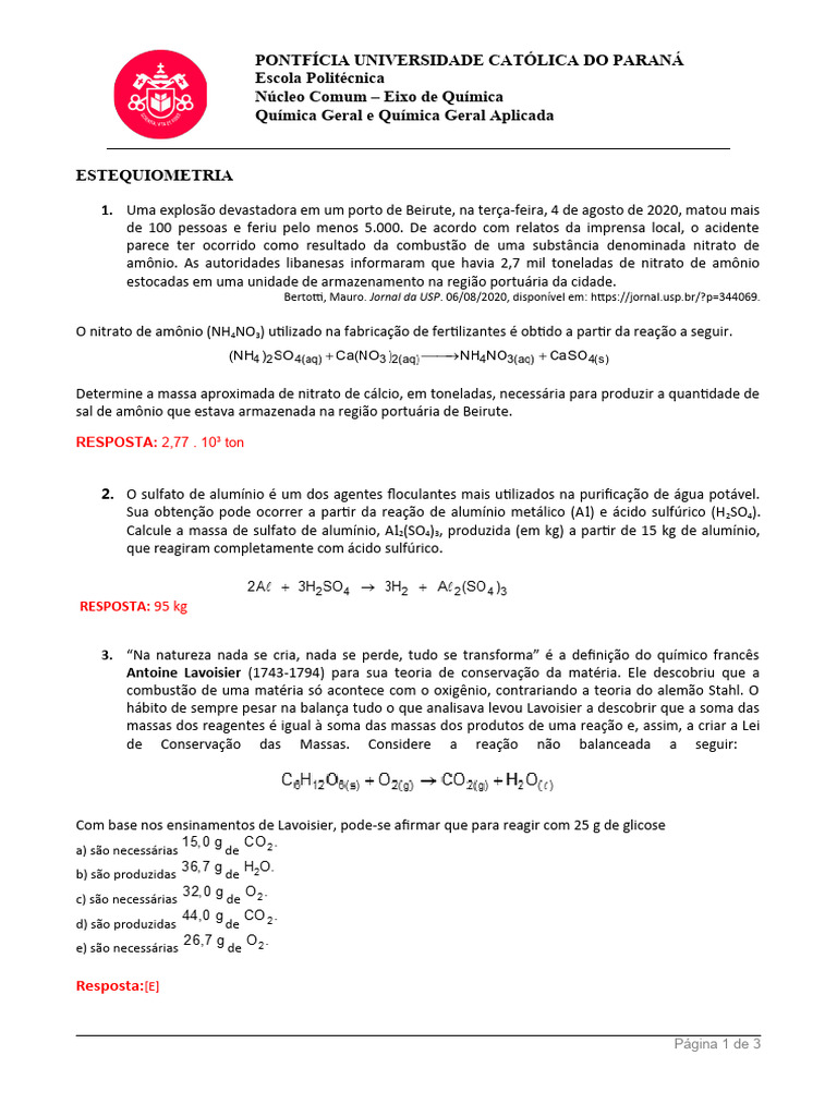 Lista+de+exercícios QUÍMICA+GERAL RA1 Estequiometria+ | PDF | Airbag ...