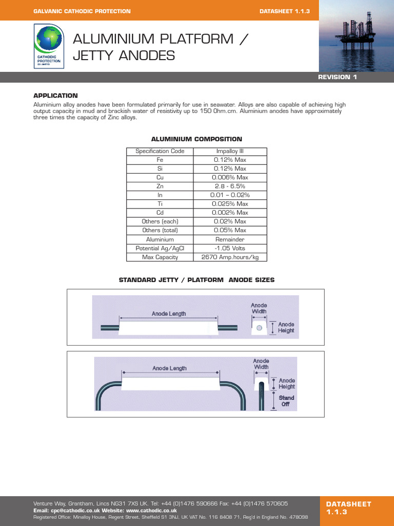 Aluminium Jetty Anodes Datasheet | PDF | Anode | Aluminium