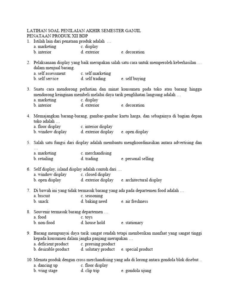 Latihan SOAL PAS GANJIL PENATAAN PRODUK XII BDP | PDF Latihan SOAL PAS GANJIL PENATAAN PRODUK XII BDP | PDF
