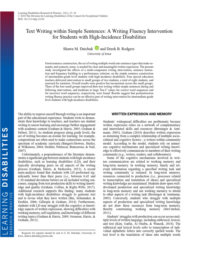 A Writing Fluency Interventionfor Students With High-Incidence ...