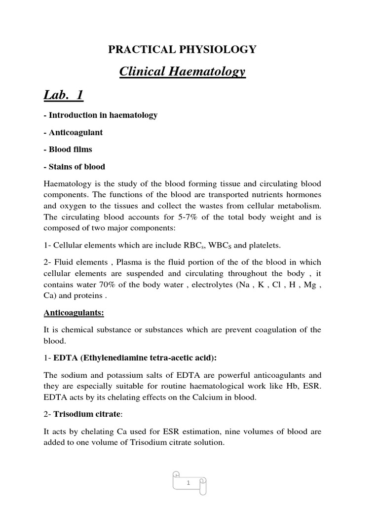 Clinical Haematology Lab. 1: Practical Physiology | PDF | White Blood Cell | Red Blood Cell