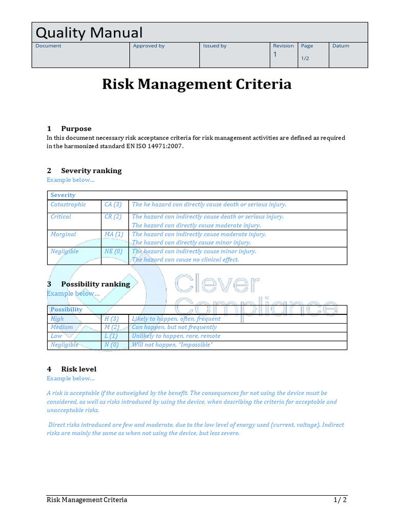 Risk Management Criteria Template (MDR) | PDF | Risk | Risk Management
