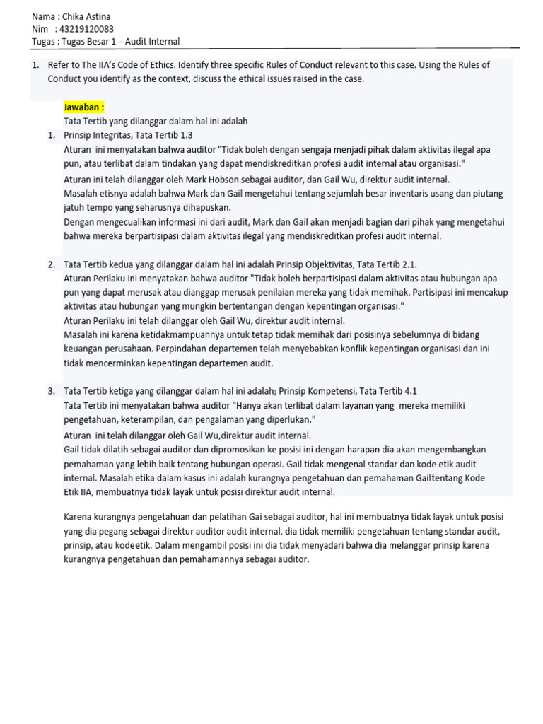 CHIKA ASTINA - 43219120083 - Audit Internal - Tugas Besar 1 | PDF CHIKA ASTINA - 43219120083 - Audit Internal - Tugas Besar 1 | PDF