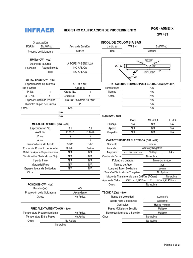 Incol Sas - PQR Smaw 001 Asme Ix-23-12-20 | PDF | Construcción | Soldadura