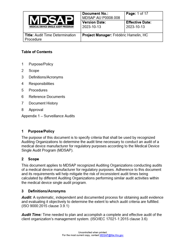 MDSAP Audit Time Determination Guide | PDF | Medical Device | Audit
