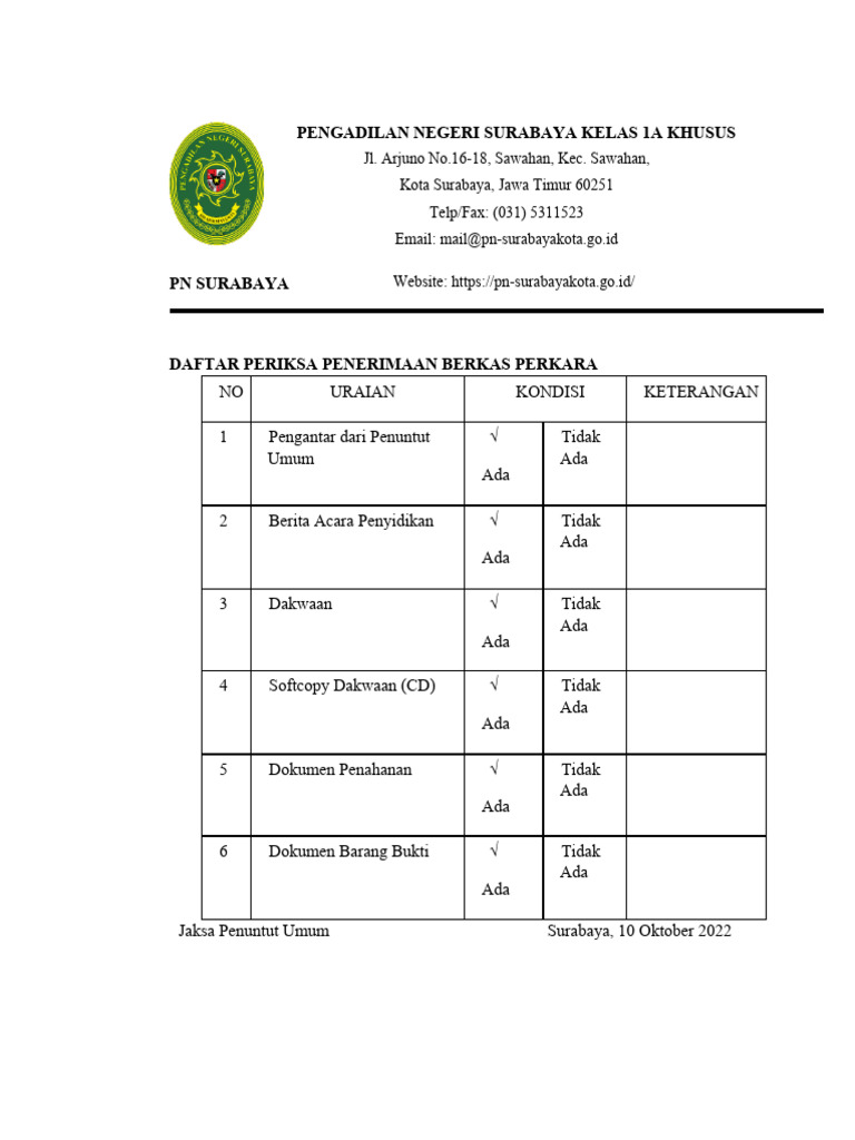 Daftar Periksa Berkas Perkara PN Surabaya | PDF