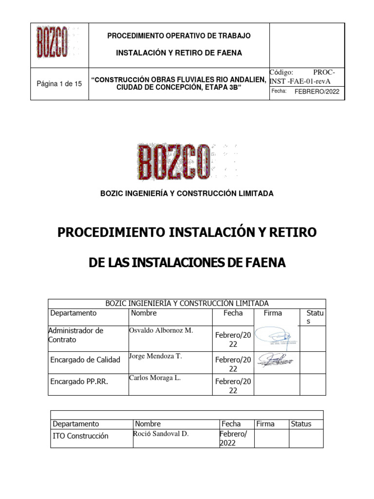 Procedimiento Instalación y Retiro de Faena | PDF | Ingeniería | Camión