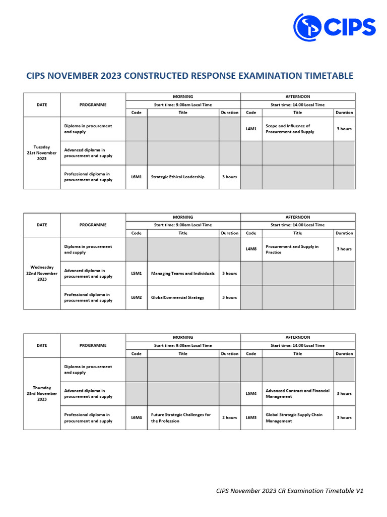 CIPS CR Timetable Nov 23 | PDF | Procurement | Business
