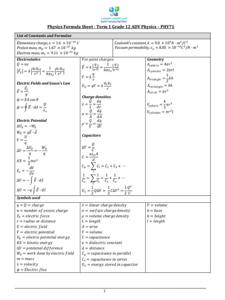 AY2324-T1-EoT-PHY71-Formula Sheet | PDF | Electric Field | Quantity