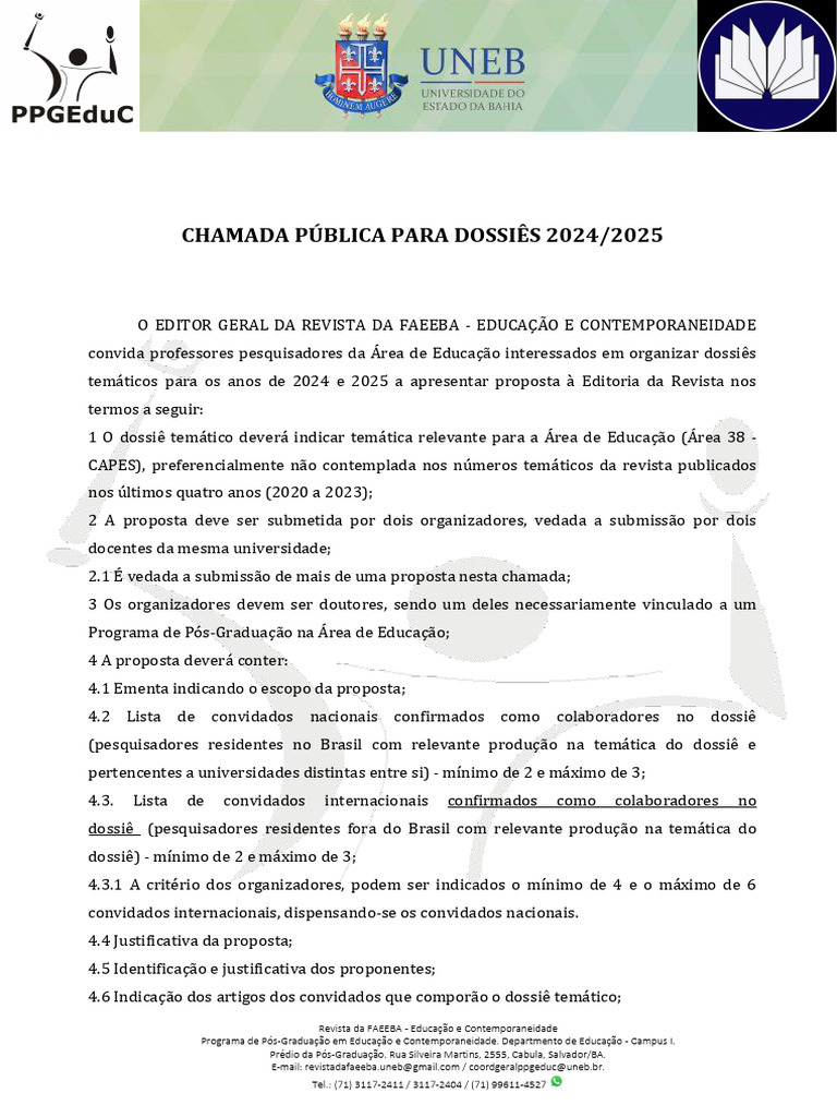 Chamada Publica - Revista Da FAEEBA - 2024 e 2025 Assinado | PDF