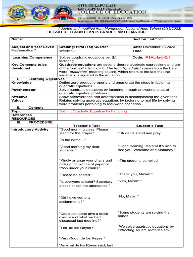 Detailed Lesson 1 Plan Group 7 | PDF | Equations | Quadratic Equation