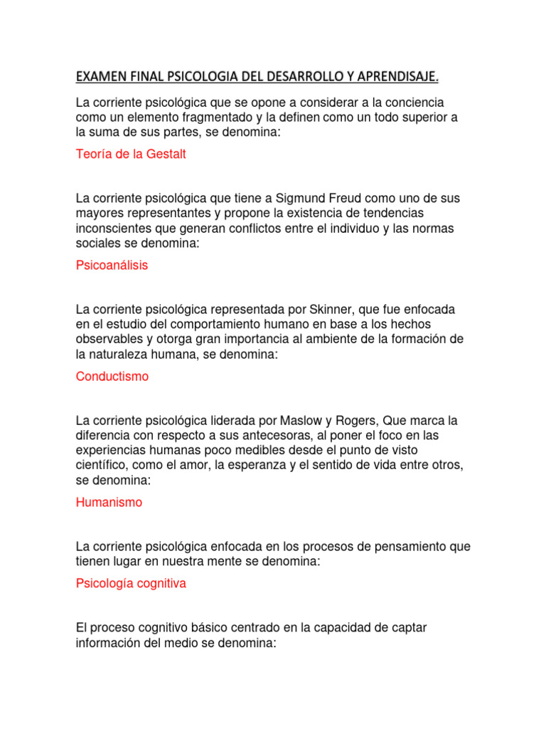 Examen Final Psicologia Del Desarrollo y Aprendisaje 2023 | PDF | Sicología | Mente