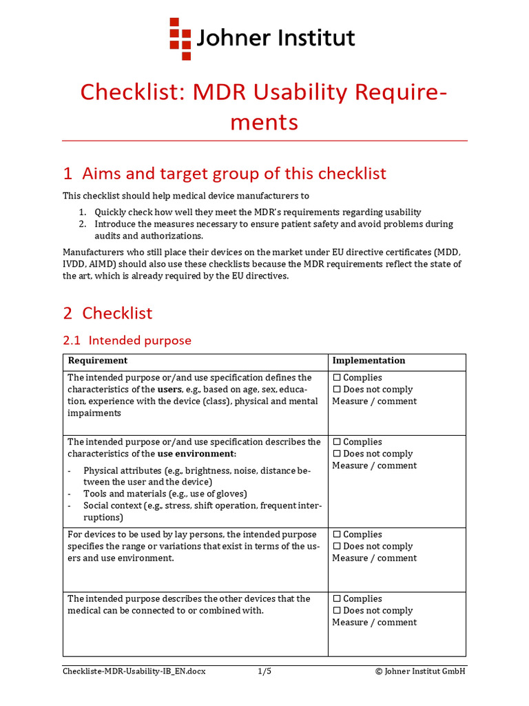 Checkliste MDR Usability IB - EN | PDF | Usability | Business