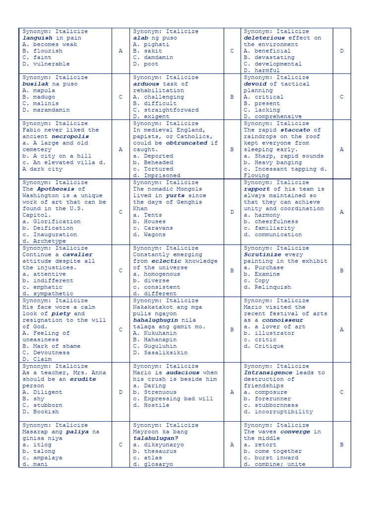 Synonyms (English and Filipino) | PDF | Compass