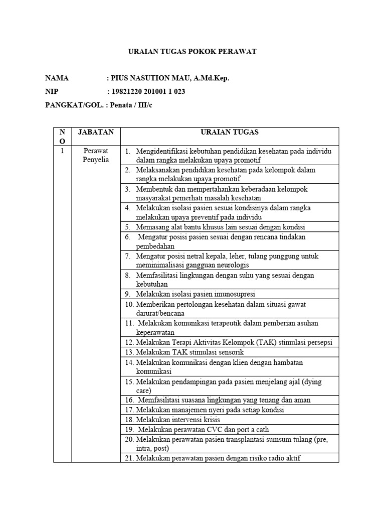 Uraian Tugas Pokok Perawat Penyelia | PDF