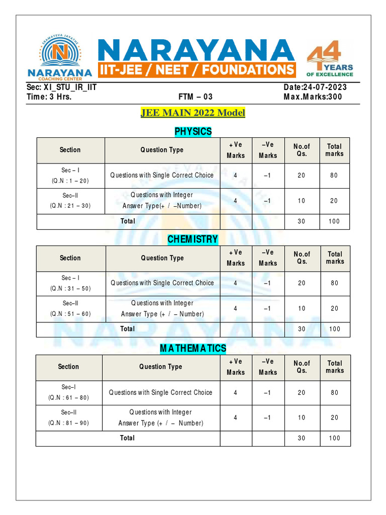 Xi Iit Ir FTM-03 24.07.2023 QP | PDF | Velocity | Redox