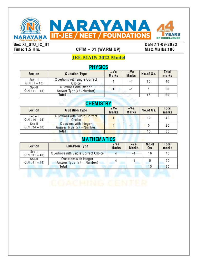 Xi Iit Ic & Ir Cftm-1 11-9-2023 Warmup QP | PDF | Electron ...