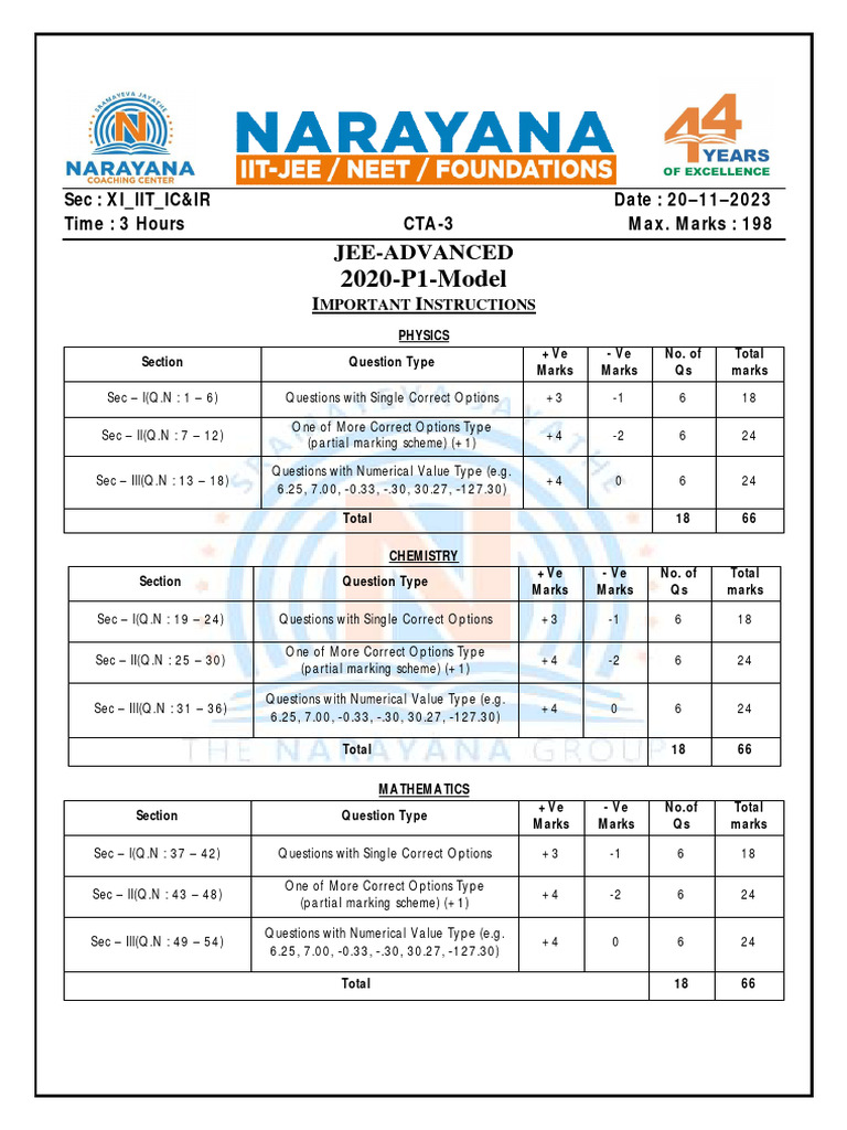 Xi - Ic & Ir Cta-3 - Jee - Adv - 2020 - P1 - 20-11-2023 - QP | PDF | Complex Number | Circle