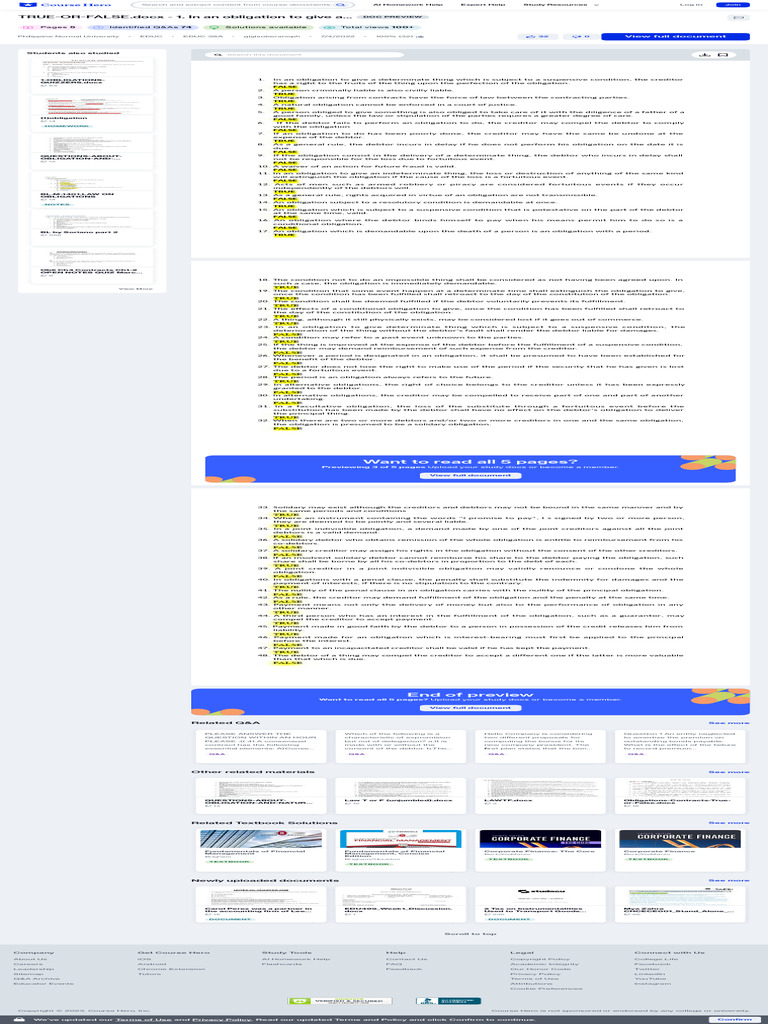 TRUE-OR-FALSE - Docx - 1. in An Obligation To Give A Determinate Thing Which Is Subject To A ...