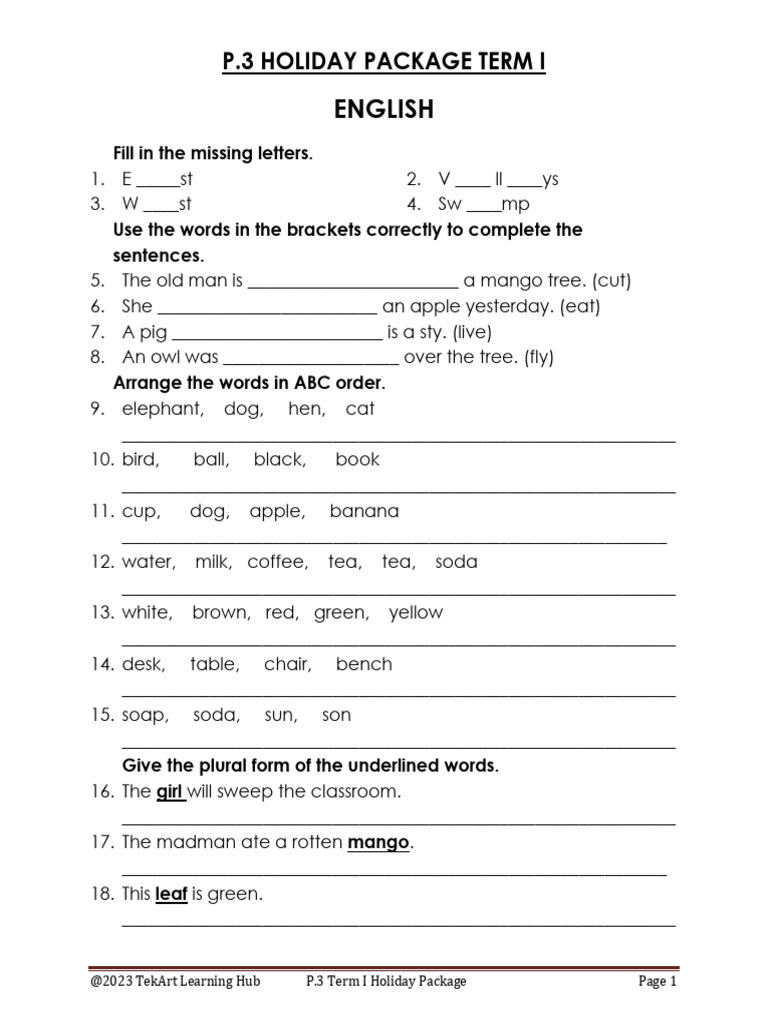TekArt Learning P.3 CLASS HOLIDAY PACKAGE TERM I | PDF | Ellipsis