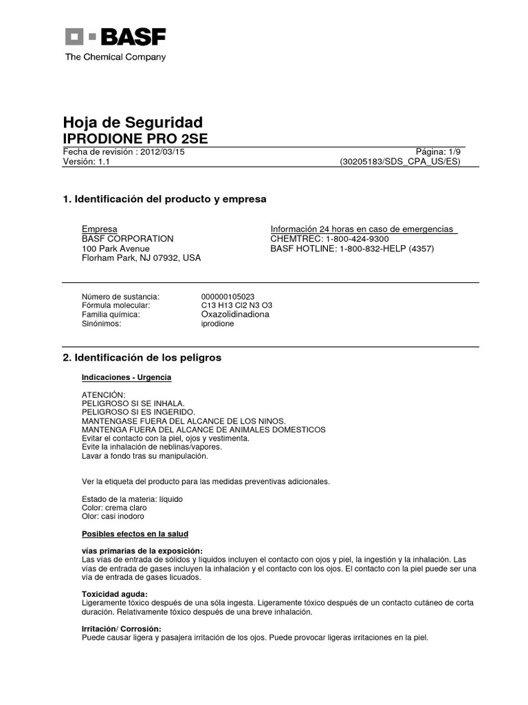 Iprodione Pro 2SE Fungicide MSDS1s | PDF | Agua | Seguridad y salud ...