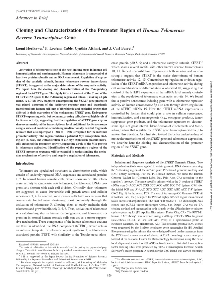 Cloning and Characterization of The Promoter Region of Human Telomerase ...