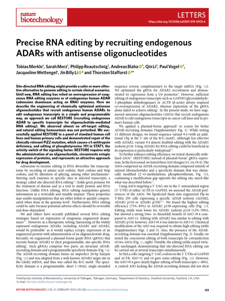Precise RNA Editing by Recruiting Endogenous | PDF | Gene Expression | Sense (Molecular Biology)