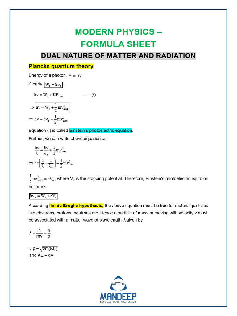 Modern Physics Formula Sheet | PDF | Electron | Atomic Nucleus