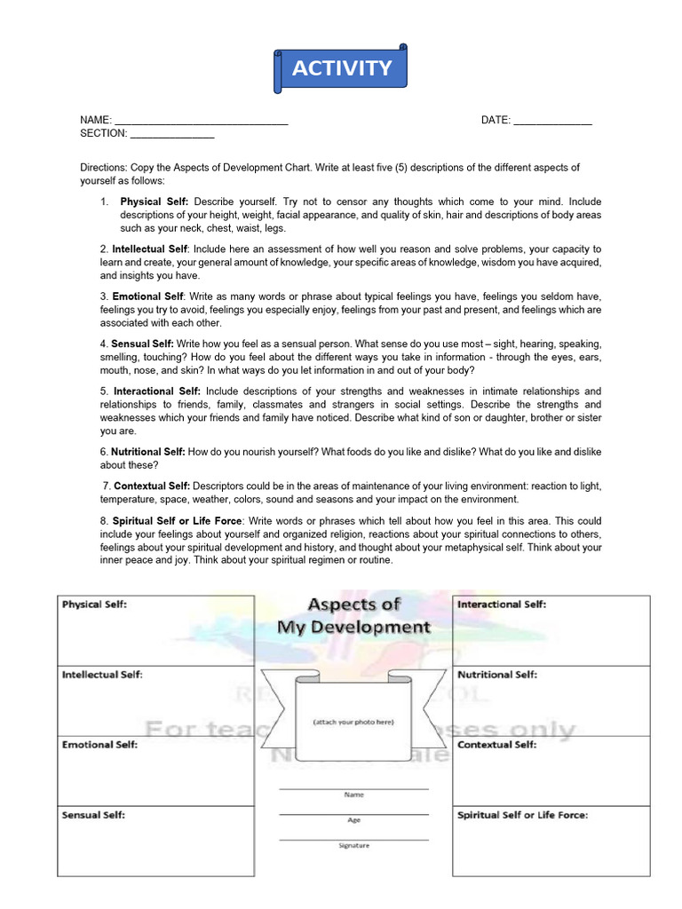 Developing The Whole Person Activity Sheet | PDF | Feeling | Senses
