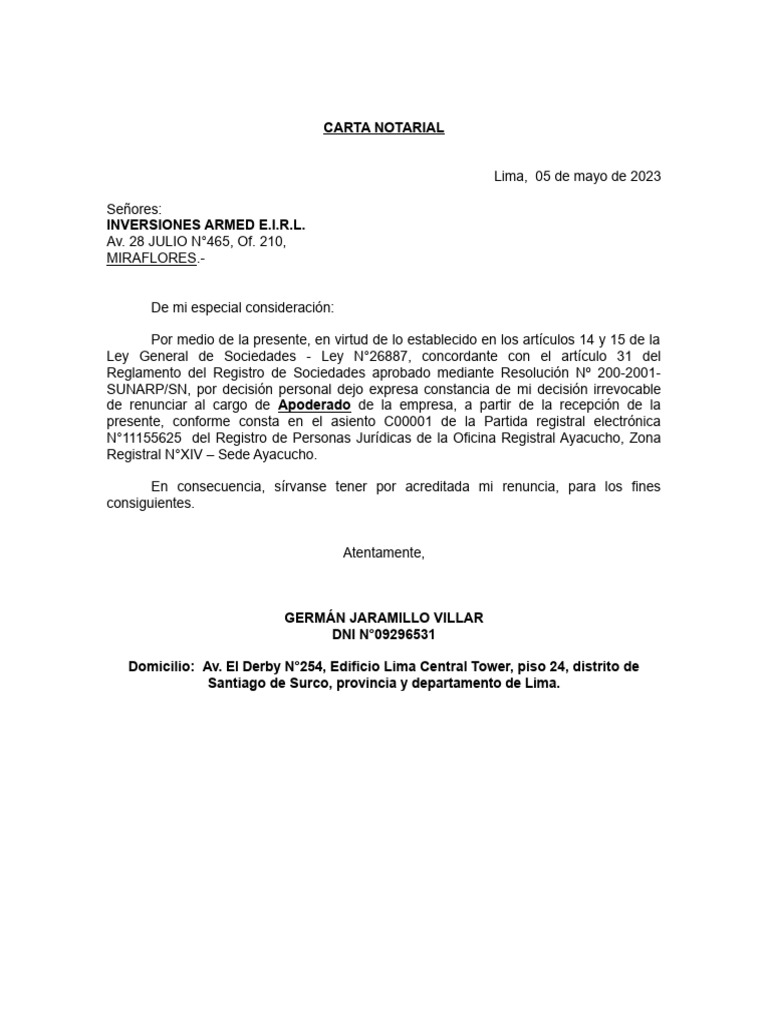 CARTA DE RENUNCIA - Apoderado - ARMED EIRL | PDF