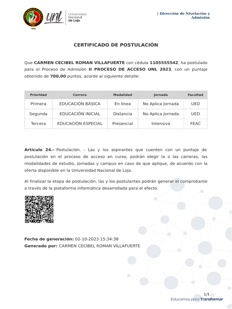 Certificado Postulacion | PDF