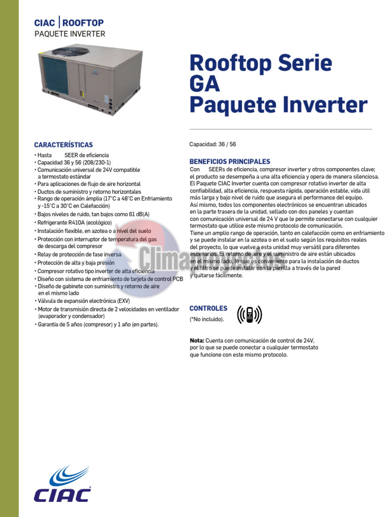 Ficha Tecnica Paquete Rooftop 50VSQ Ciac Carrier Inverter Central | PDF ...