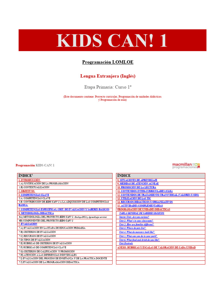 Kids Can 1 Programaci N Lomloe Castellano | PDF | Educación primaria | Plan de estudios