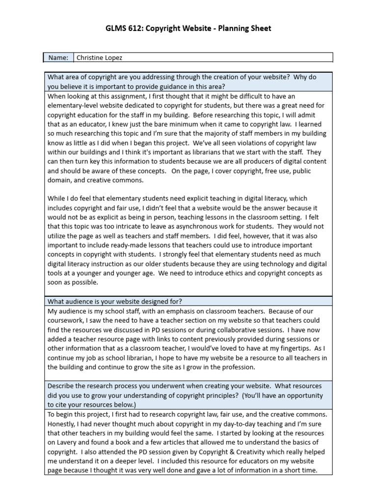 Christine Lopez Copyright Website Planning Sheet Pdf Teachers