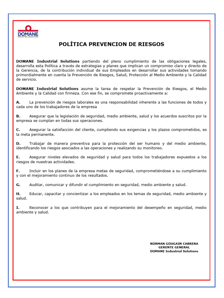 Politica de Prevencion de Riesgos | PDF Politica de Prevencion de Riesgos | PDF