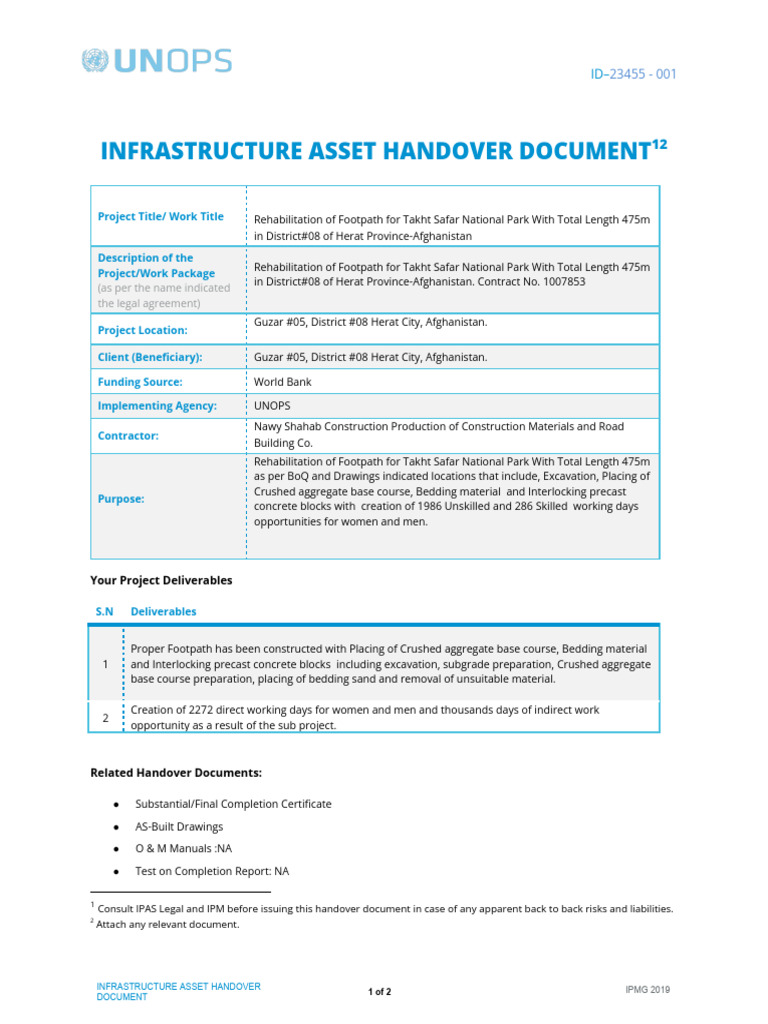 Infrastructure Asset Handover Document 1007853 | PDF | Business | Economies