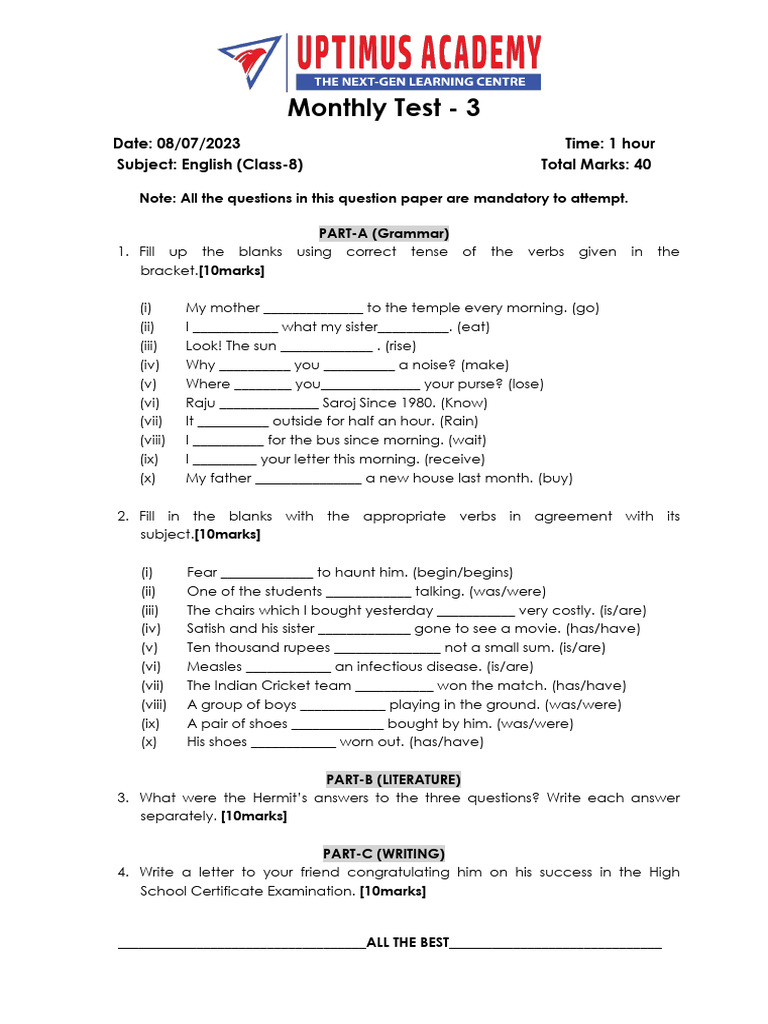 English Class 8 Monthly Test-3 | PDF | Language Arts & Discipline