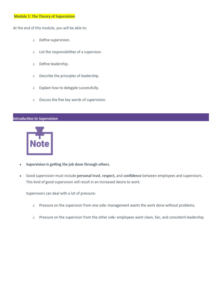 Module 1 - The Theory of Supervision | PDF | Leadership | Performance ...