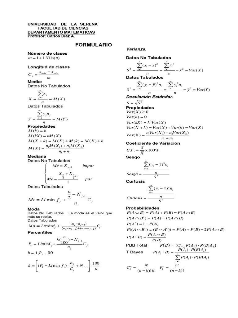 Formulario EstadÃ­stica Descriptiva 1Sem2023 | PDF | Muestreo (Estadísticas) | Análisis de los datos