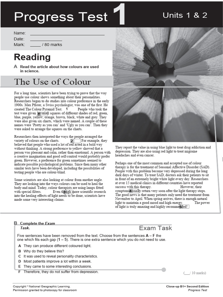 B1+ Editable Progress Test 1 | PDF | Therapy | Mood Disorders